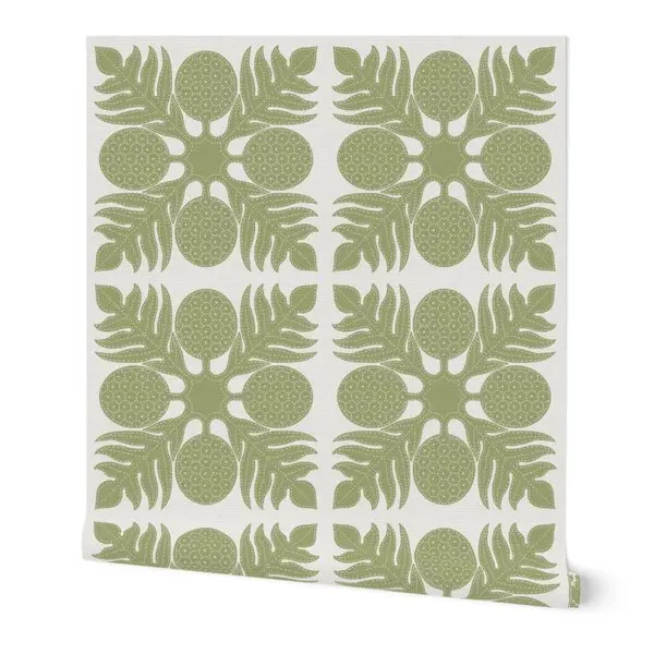 Spoonflower Large Ulu Sage On White 100% Natural Sisal Grasscloth Wallcovering