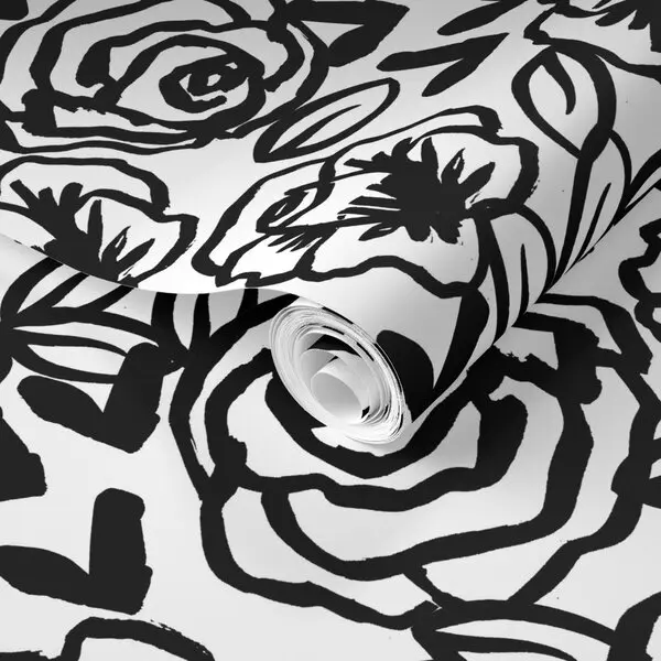 Spoonflower Roses Black White Florals Flowers Illustration Traditional Wallpaper - Black,white,gray