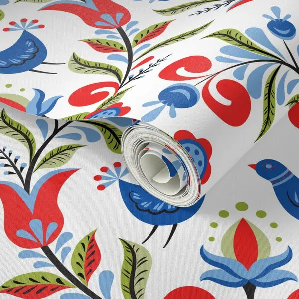 Spoonflower Birds Flowers Bird Floral Berry Summer Leaves Custom Removable Wallpaper - Blue,red,green
