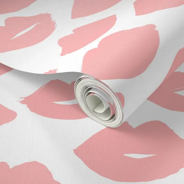 Spoonflower Lips Pink Lipstick Valentines Beauty Traditional Wallpaper - Pink,white,red