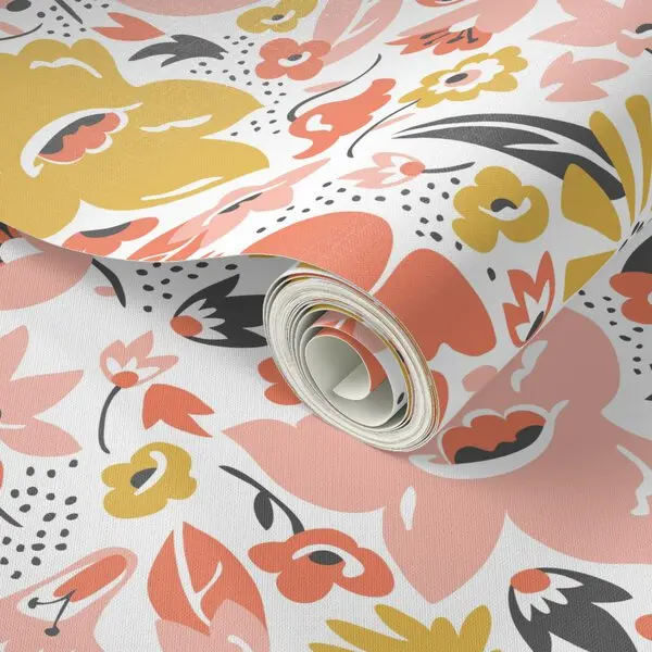 Spoonflower Floral Pink Blush Flowers Coral Modern Pretty Custom Removable Wallpaper - Pink,orange,brown