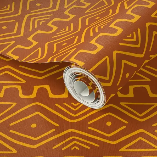 Spoonflower Safari African Rust Orange Brown Mud Cloth Custom Pre-pasted Wallpaper - Brown,pink
