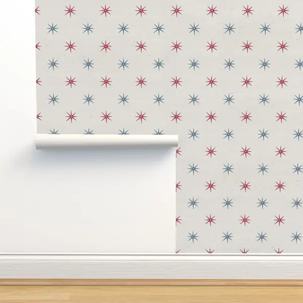 Spoonflower Red And Blue Stars 100% Natural Sisal Grasscloth Wallcovering