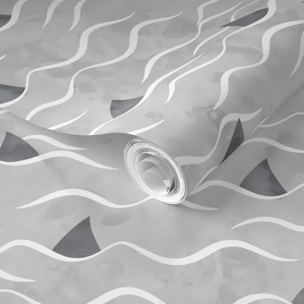 Spoonflower Shark Fins In Ocean Custom Pre-pasted Wallpaper - Gray
