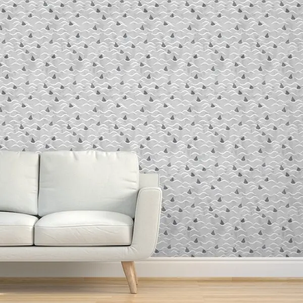 Spoonflower Shark Fins In Ocean Custom Pre-pasted Wallpaper - Gray