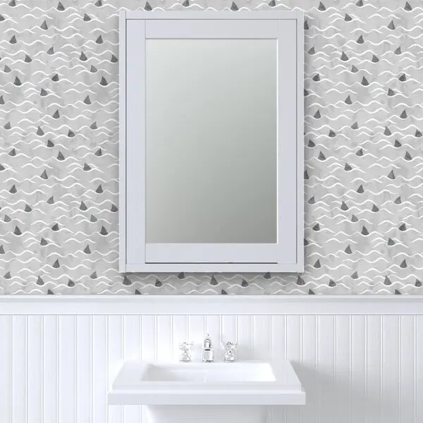 Spoonflower Shark Fins In Ocean Custom Pre-pasted Wallpaper - Gray