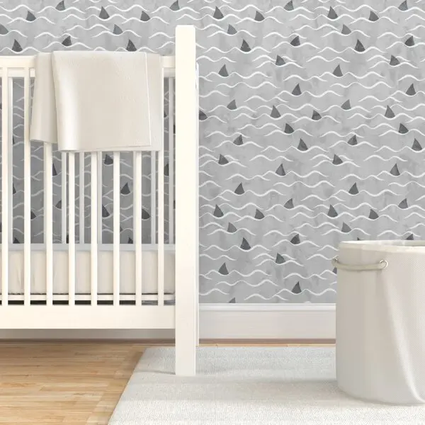 Spoonflower Shark Fins In Ocean Custom Pre-pasted Wallpaper - Gray