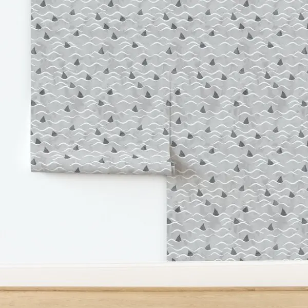 Spoonflower Shark Fins In Ocean Custom Pre-pasted Wallpaper - Gray