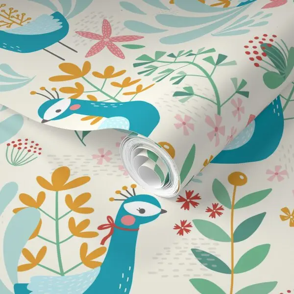 Spoonflower Blue Floral Birds Peacock Nursery Large Traditional Wallpaper - Mint,beige,red
