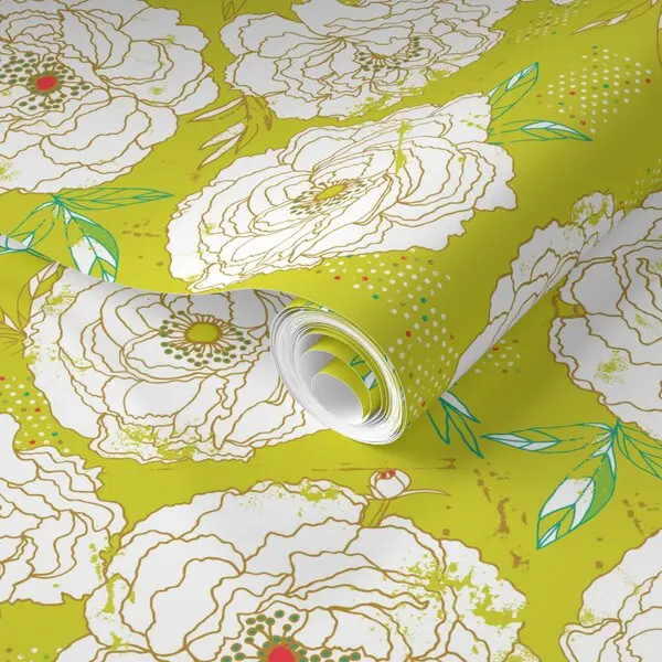 Spoonflower Paris Peonies Botanical Green White Weathered Custom Pre-pasted Wallpaper - Yellow,white,green