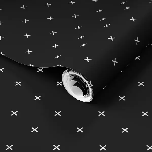 Spoonflower White X On Black Minimal Simple Plus Cross Custom Pre-pasted Wallpaper - Black,gray,white