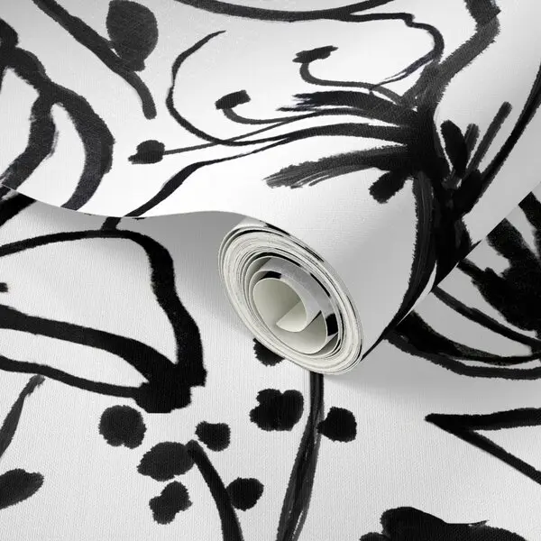 Spoonflower Black And White Floral Tulips Spots Spring Custom Pre-pasted Wallpaper - Black,white,gray