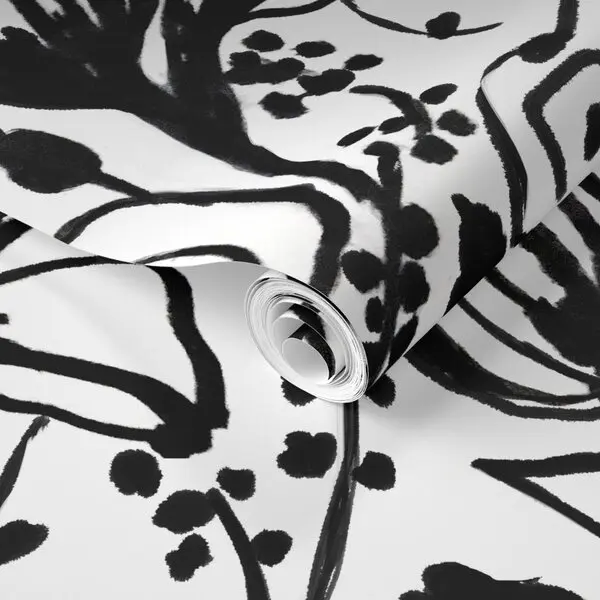 Spoonflower Black And White Floral Tulips Spots Spring Custom Pre-pasted Wallpaper - Black,white,gray