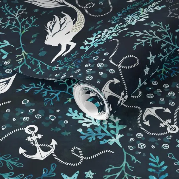 Spoonflower Mermaid Ocean Small Green Turquoise Fish Mint Custom Removable Wallpaper - Blue,white,green