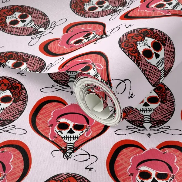 Spoonflower Retro Heart Skull Halloween Day Of The Dead Dia De Custom Pre-pasted Wallpaper - Brown,pink,red