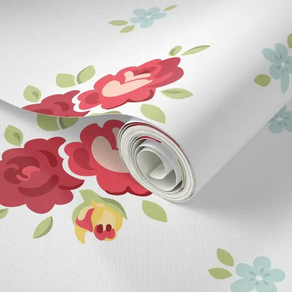 Spoonflower Floral Pattern With Colorful Roses Vintage Custom Pre-pasted Wallpaper - Gray,red,beige
