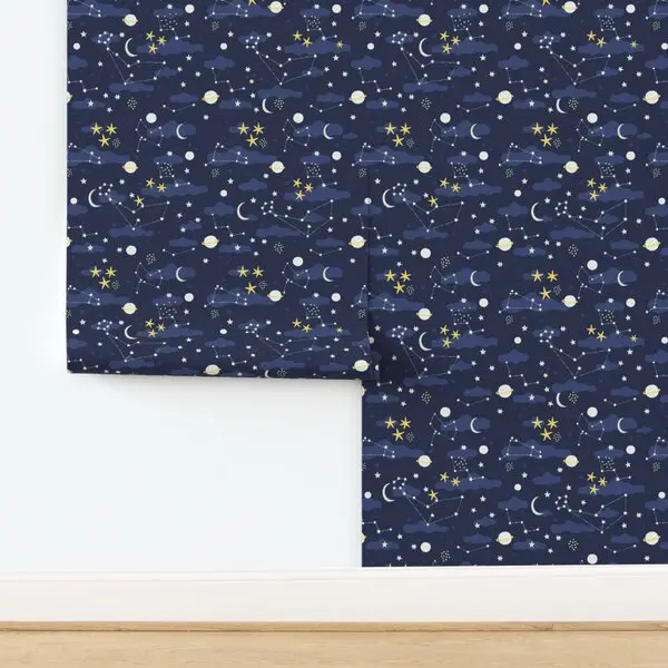 Spoonflower Cartoon Cosmos Moon Blue Planets Space Stars Sky Custom Pre-pasted Wallpaper - Blue,gray
