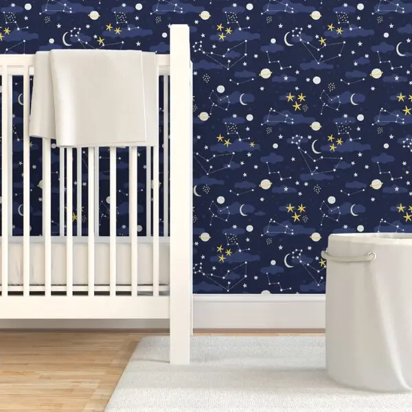 Spoonflower Cartoon Cosmos Moon Blue Planets Space Stars Sky Custom Pre-pasted Wallpaper - Blue,gray