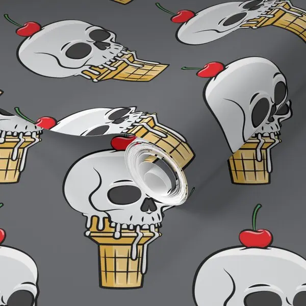 Spoonflower Skull Skulls Skeleton Halloween Ice Cream Cones Custom Pre-pasted Wallpaper - Gray,pink,red