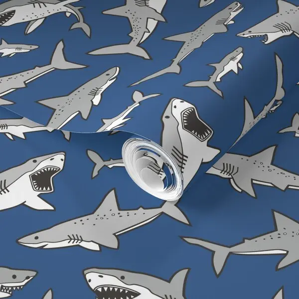 Spoonflower Sharks Shark Gray Navy Blue Nautical Ocean Sea Custom Removable Wallpaper - Navy,blue