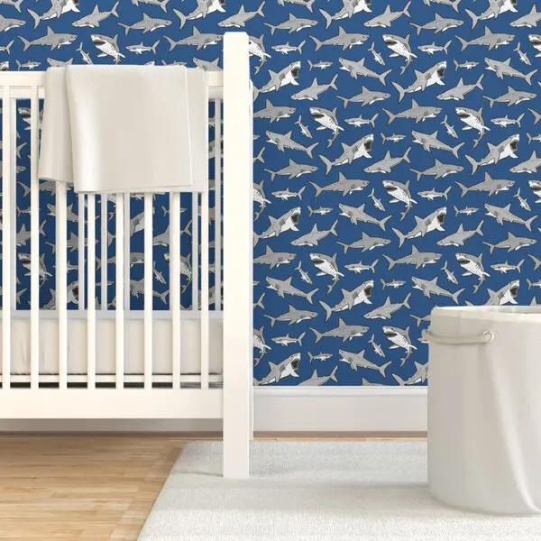 Spoonflower Sharks Shark Gray Navy Blue Nautical Ocean Sea Traditional Wallpaper