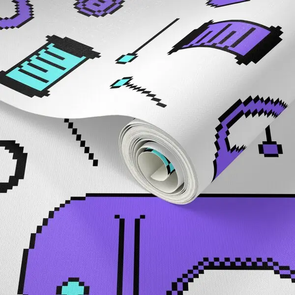Spoonflower Retro Nerd Geek Pixel Notions Gamer 8-bit Custom Pre-pasted Wallpaper - Blue,green,purple