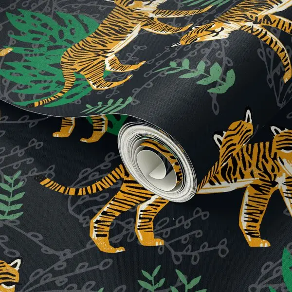 Spoonflower Safari Tiger Green Animal Pattern Block Print Custom Pre-pasted Wallpaper - Black,green,brown