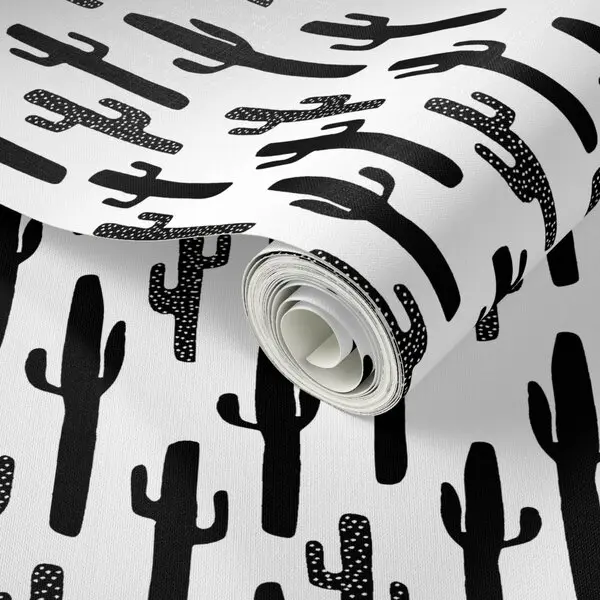 Spoonflower Black And White Baby Swedish Cactus Scandi Minimal Custom Pre-pasted Wallpaper - Black,white,gray