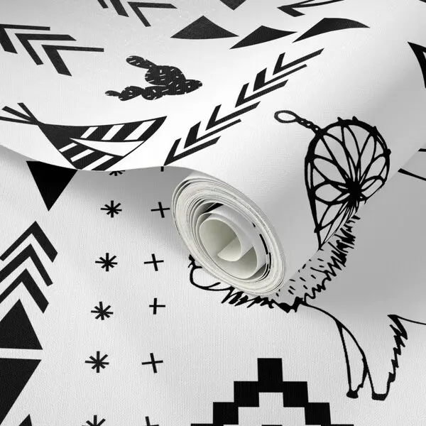 Spoonflower Southwestern Boho Black White Buffalo Arrow Teepee Custom Pre-pasted Wallpaper - White,black,gray