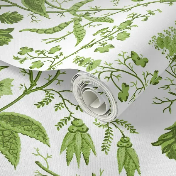 Spoonflower Chinese Garden Lawn Chinoiserie Green White Custom Pre-pasted Wallpaper - Green,white