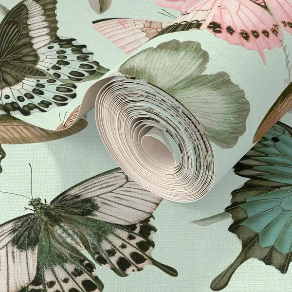 Spoonflower Romantic Butterfly Pattern 100% Natural Sisal Grasscloth Wallcovering - Pink,green