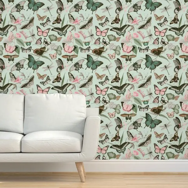 Spoonflower Romantic Butterfly Pattern 100% Natural Sisal Grasscloth Wallcovering - Pink,green