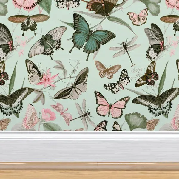 Spoonflower Romantic Butterfly Pattern 100% Natural Sisal Grasscloth Wallcovering - Pink,green