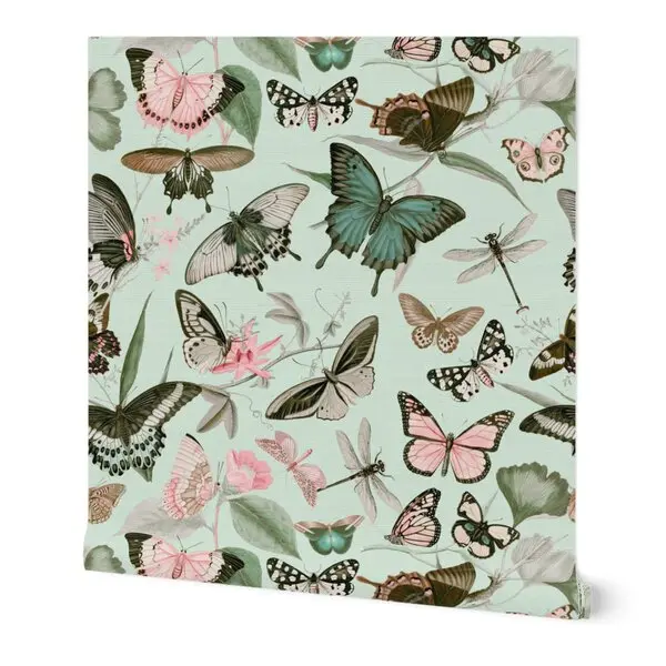 Spoonflower Romantic Butterfly Pattern 100% Natural Sisal Grasscloth Wallcovering - Pink,green