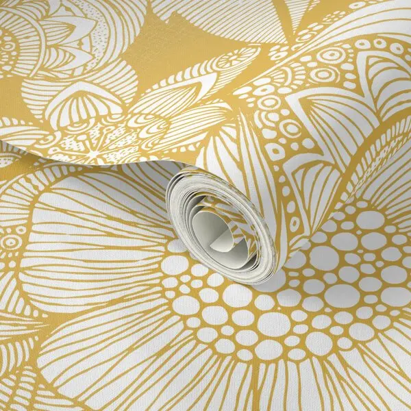 Spoonflower Flowers Doodles Custom Pre-pasted Wallpaper - Beige,yellow,brown
