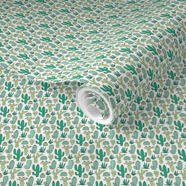 Spoonflower Cactus White Tiny Small Cacti Succulents Botanical Traditional Wallpaper - Green,white,blue