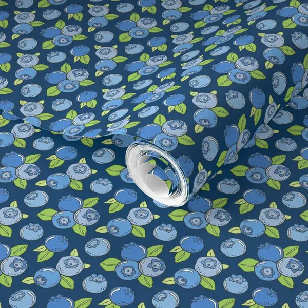 Spoonflower Blueberries Fruit On Dark Blue Navy Custom Removable Wallpaper - Blue,green