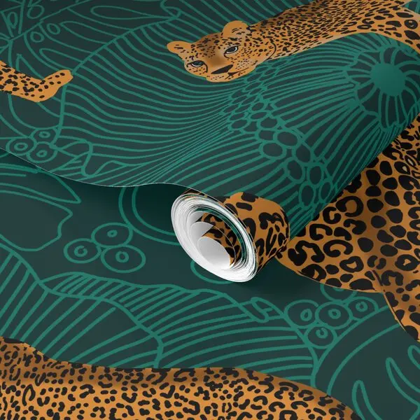 Spoonflower Leopard Cheetah Animalier Exotic Animal Jungle Custom Pre-pasted Wallpaper - Green,orange,brown