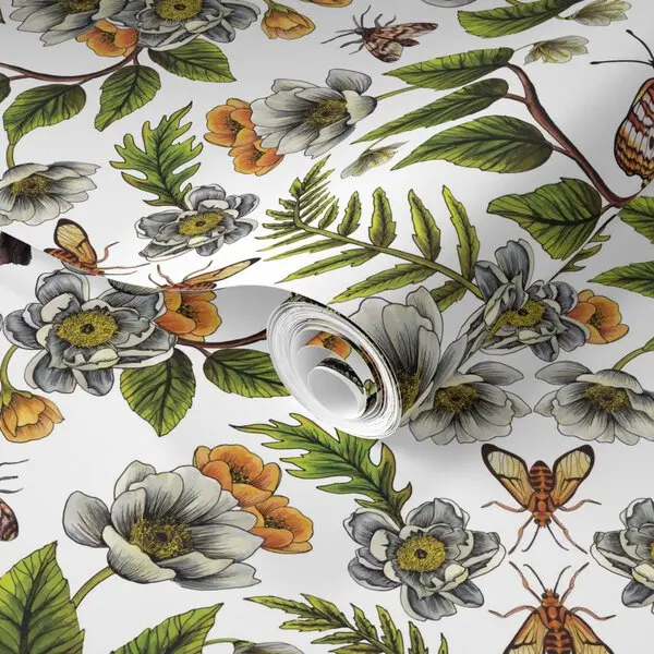 Spoonflower Nature Botanical Floral Birds Dragonfly Insect Custom Removable Wallpaper - Green,orange,gray