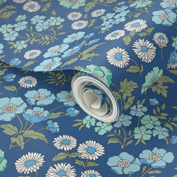 Spoonflower Floral Flowers Vintage Garden Blue Mint Green Navy Custom Pre-pasted Wallpaper - Blue,green,turquoise