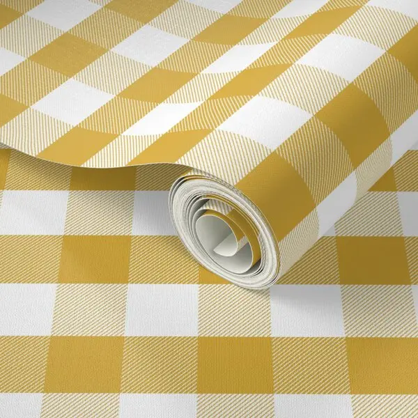 Spoonflower Mustard Gingham Check Tartan Yellow Checks Plaid Custom Pre-pasted Wallpaper - Yellow,beige,brown