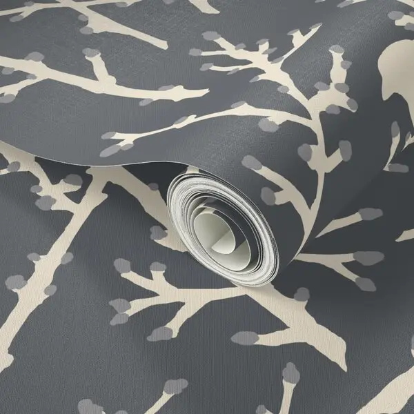 Spoonflower Bird Gray Sand Birds Branches Garden Monochrome Traditional Wallpaper - Gray,white,blue