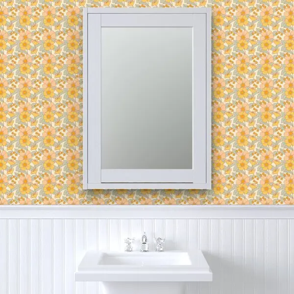 Spoonflower Retro Sunflower Hippie 70s 60s Gypsy Flower Custom Pre-pasted Wallpaper - Beige,brown