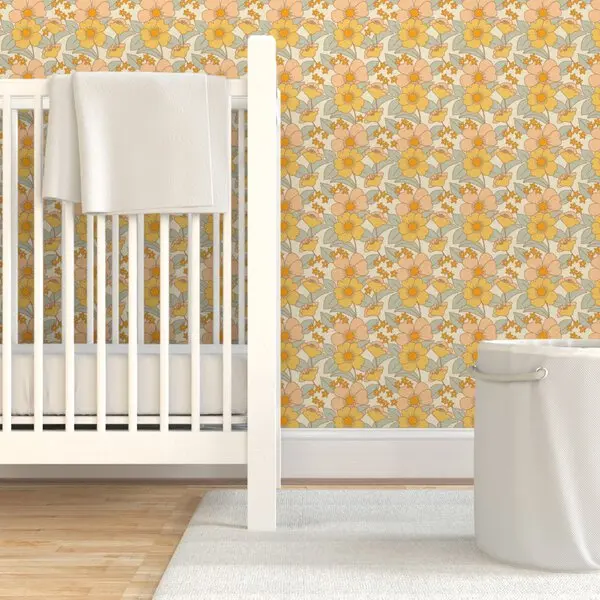 Spoonflower Retro Sunflower Hippie 70s 60s Gypsy Flower Custom Pre-pasted Wallpaper - Beige,brown