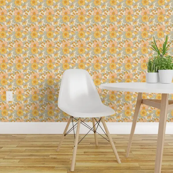 Spoonflower Retro Sunflower Hippie 70s 60s Gypsy Flower Custom Pre-pasted Wallpaper - Beige,brown