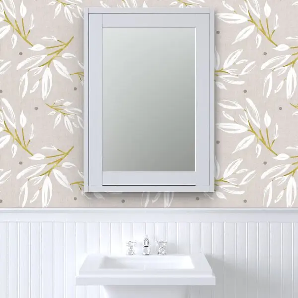 Spoonflower Leaves Nature Gold Spring Summer Neutral Custom Pre-pasted Wallpaper