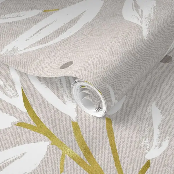 Spoonflower Leaves Nature Gold Spring Summer Neutral Custom Pre-pasted Wallpaper - Gray,yellow