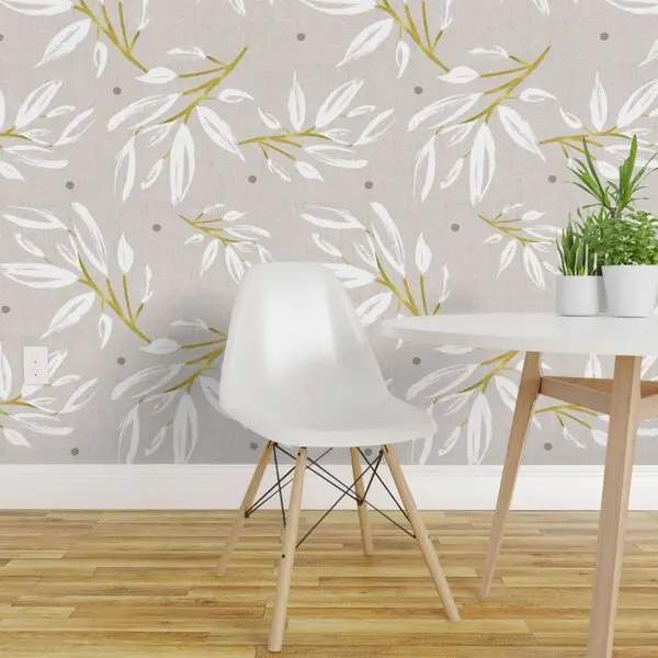 Spoonflower Leaves Nature Gold Spring Summer Neutral Custom Pre-pasted Wallpaper - Gray,yellow
