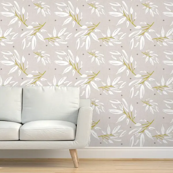 Spoonflower Leaves Nature Gold Spring Summer Neutral Custom Pre-pasted Wallpaper - Gray,yellow
