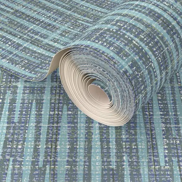 Spoonflower Textured Lines Aqua Periwinkle 100% Natural Sisal Grasscloth Wallcovering - Aqua,blue